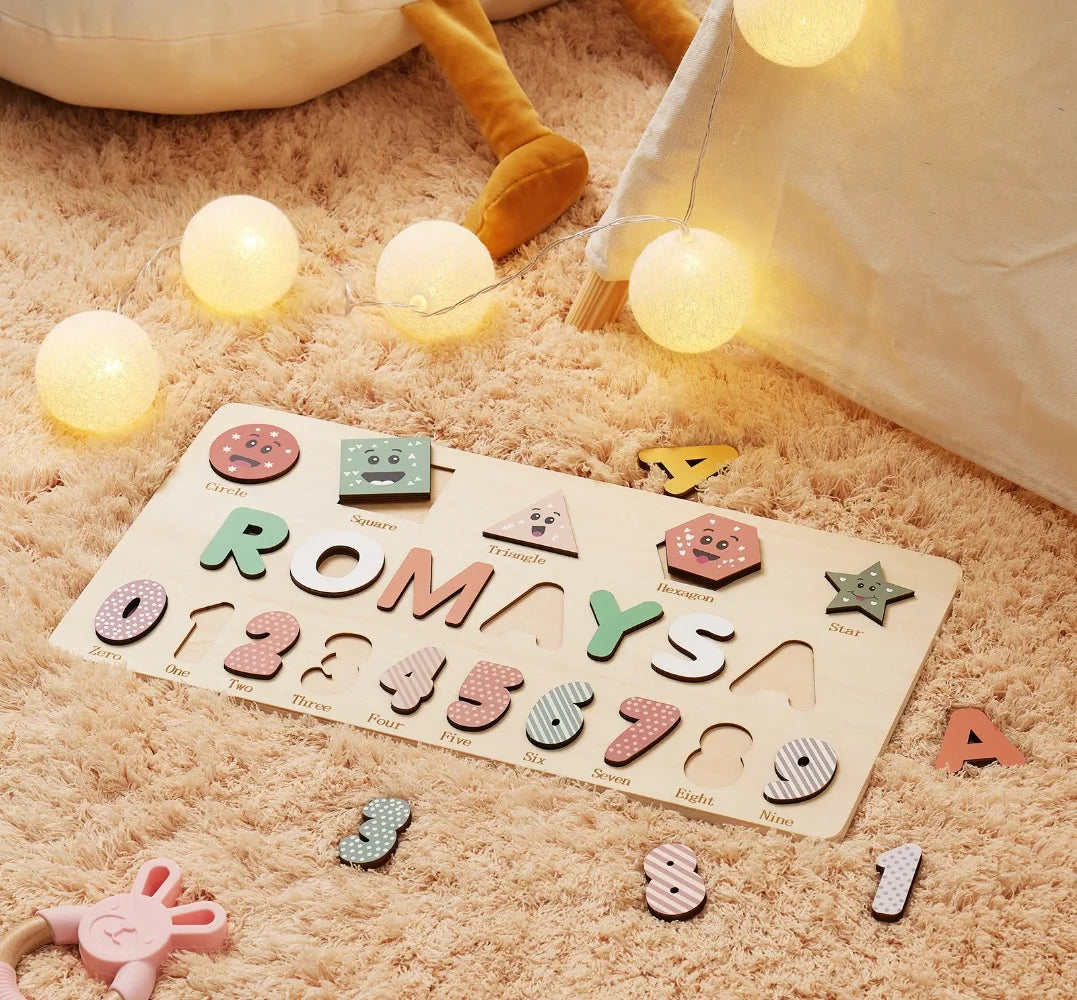 Personalised Smiling Shapes & Numbers Puzzle Board – Custom Wooden Name ...