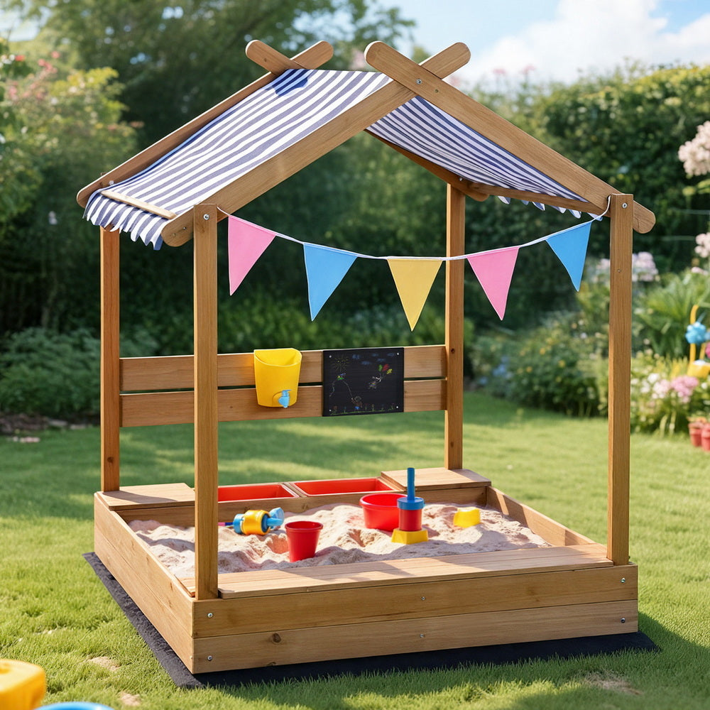 Keezi Wooden Sandpit Play Set with Canopy & Accessories | Outdoor Kids ...